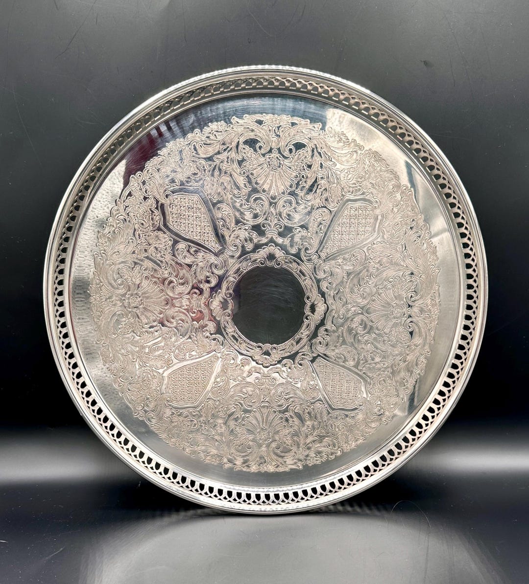 Vintage 12” Silver-plated Tray – Primrose EP Brass – Ornate Etched ...