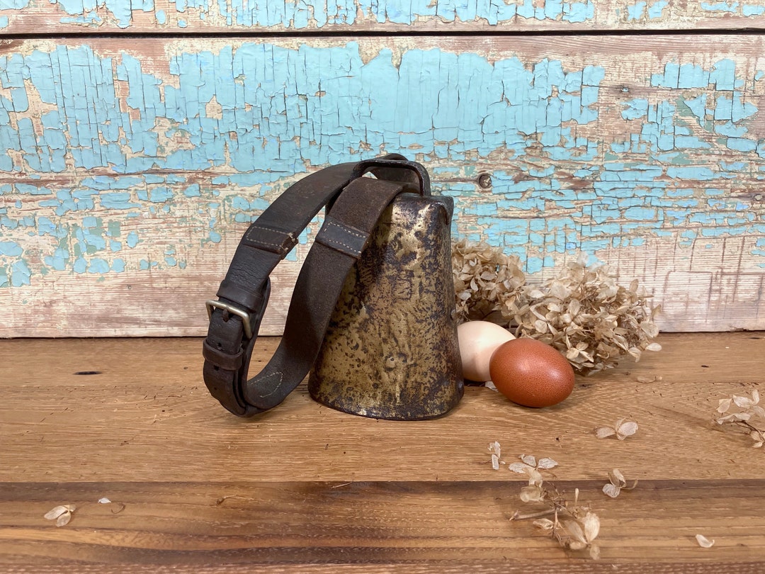 Antique Large Cow Bell With Leather Collar Strap Vintage Brass Copper ...