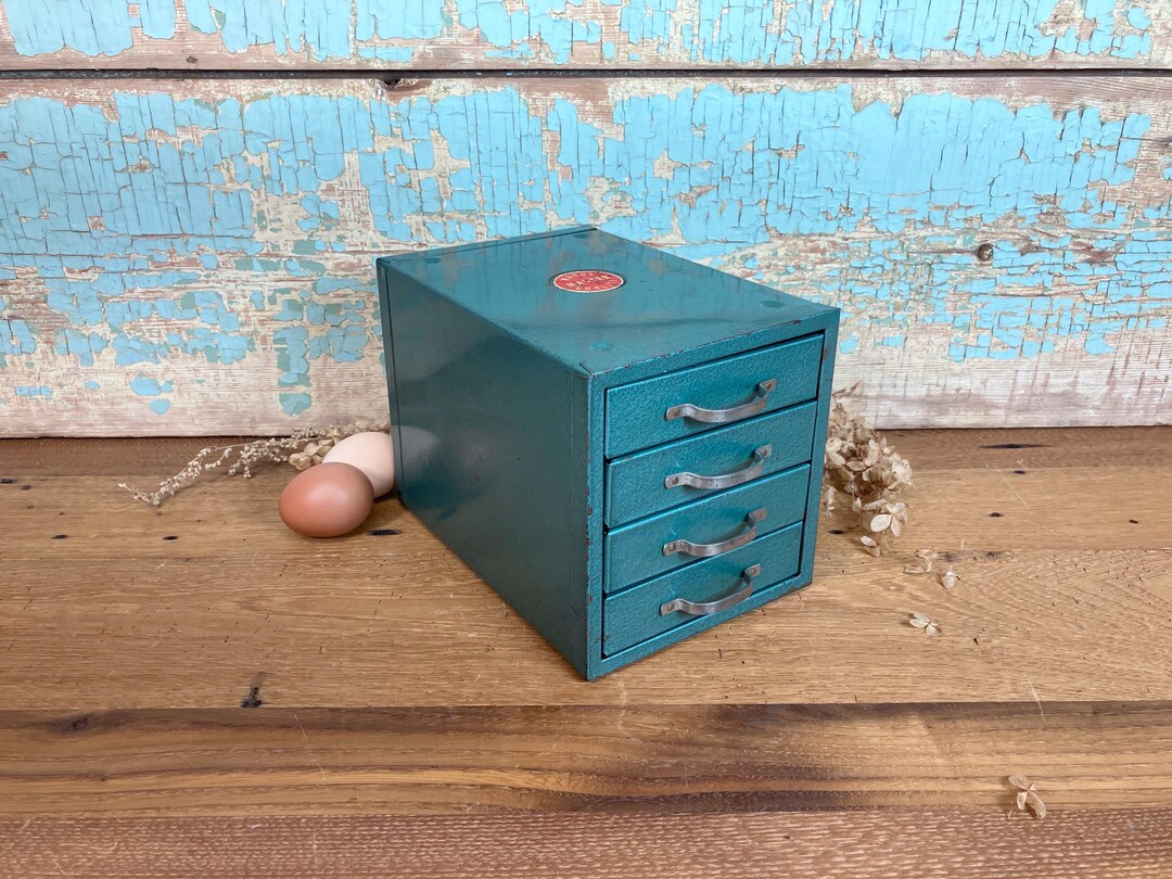 Vintage Metal Table Top Storage Cabinet Small 4 Drawers Desk Organizer ...