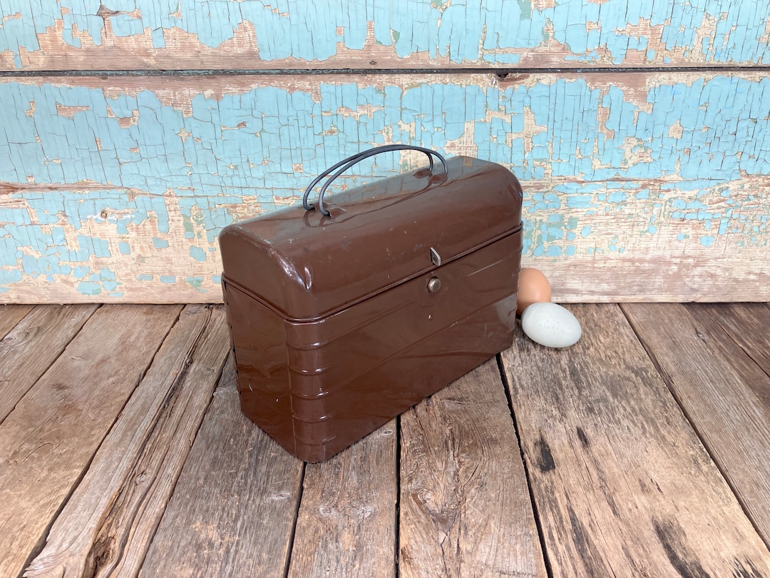 Vintage Lunch Box: Steel Metal Spring Loaded Latch; Mid Century Brown ...