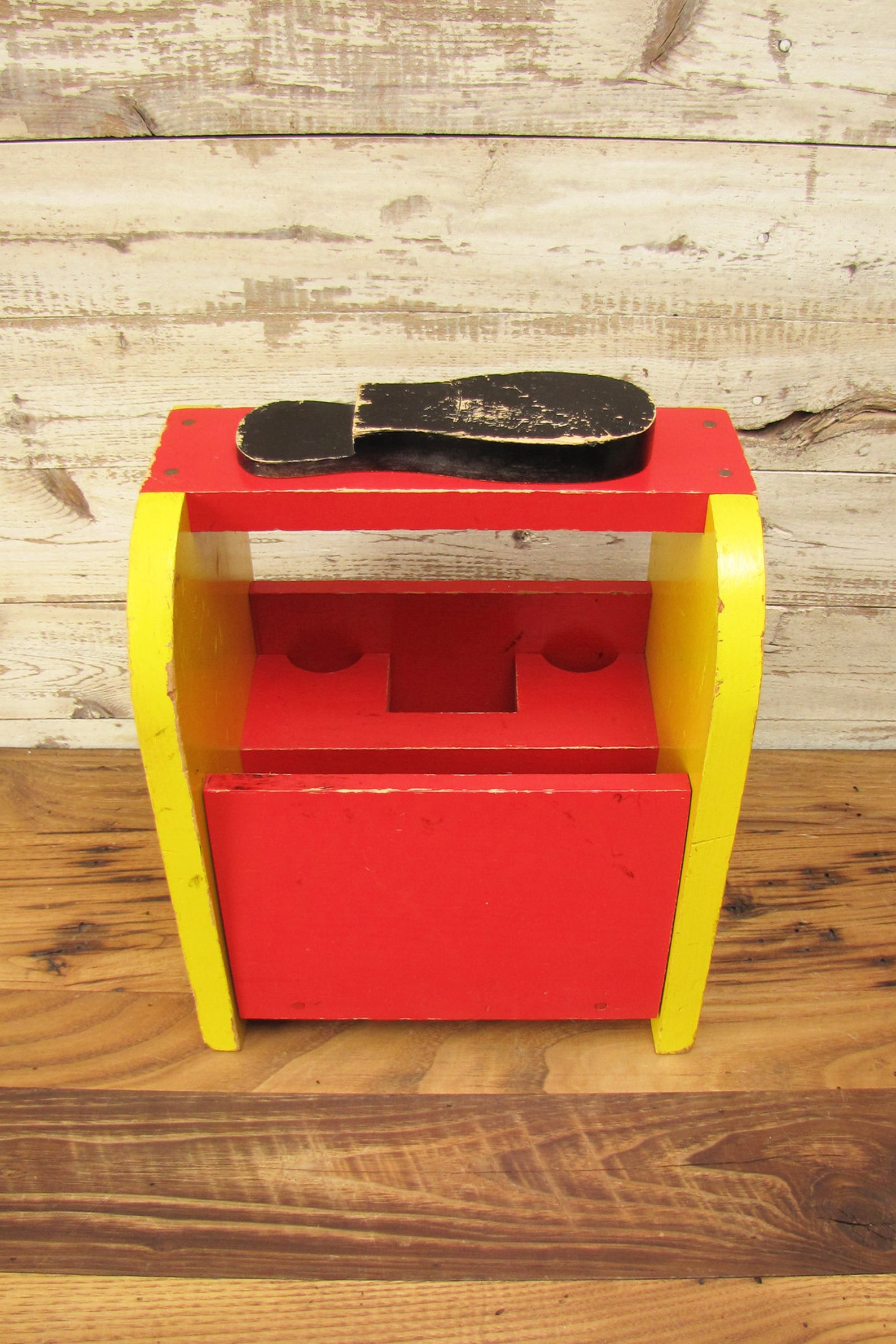 Vintage Handmade Wood Shoe Shine Box: Yellow, Red and Black Portable ...