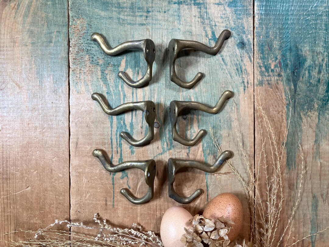 Vintage Set of 6 Cast Brass Double Hooks Hall Tree Hangers Hat and Coat ...