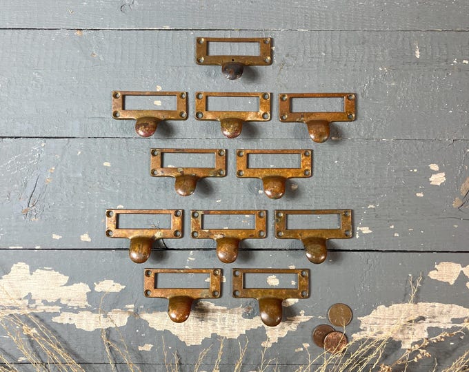 Antique Set of 11 Brass File Card Catalog Pulls With Badges Vintage ...