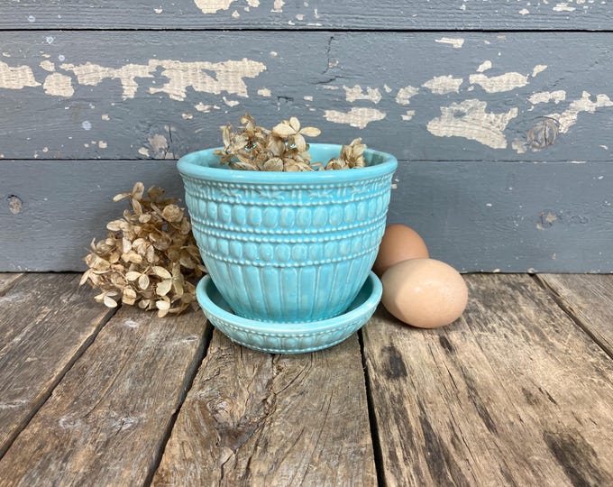 Vintage 4.5" Mccoy Beaded Flower Pot Turquoise Gloss Glaze Planter With ...