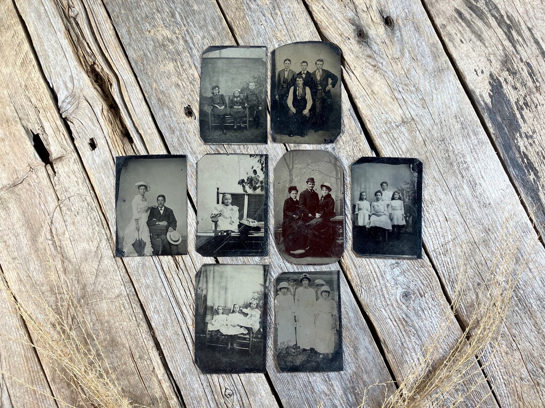 Antique Lot of 8 Tintypes Victorian Portraits Group Photos Vintage Tin ...