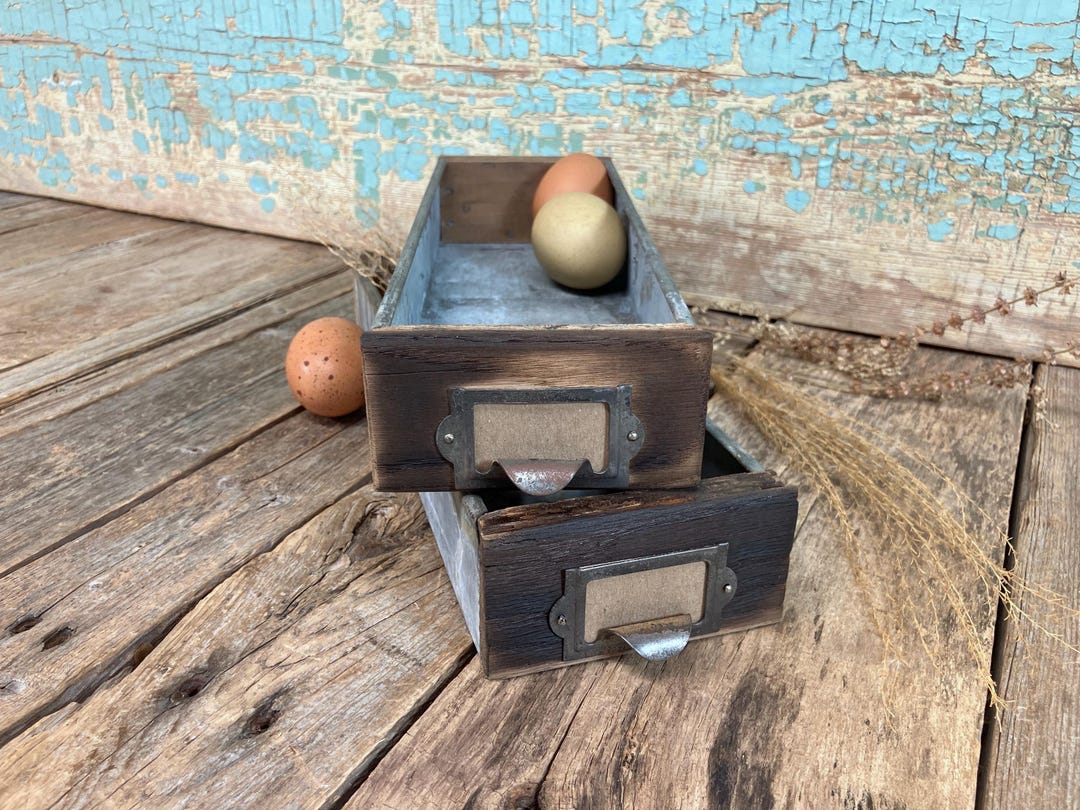 Antique Set of 2 Wood and Steel Drawers With Pulls and Badges Pair of ...