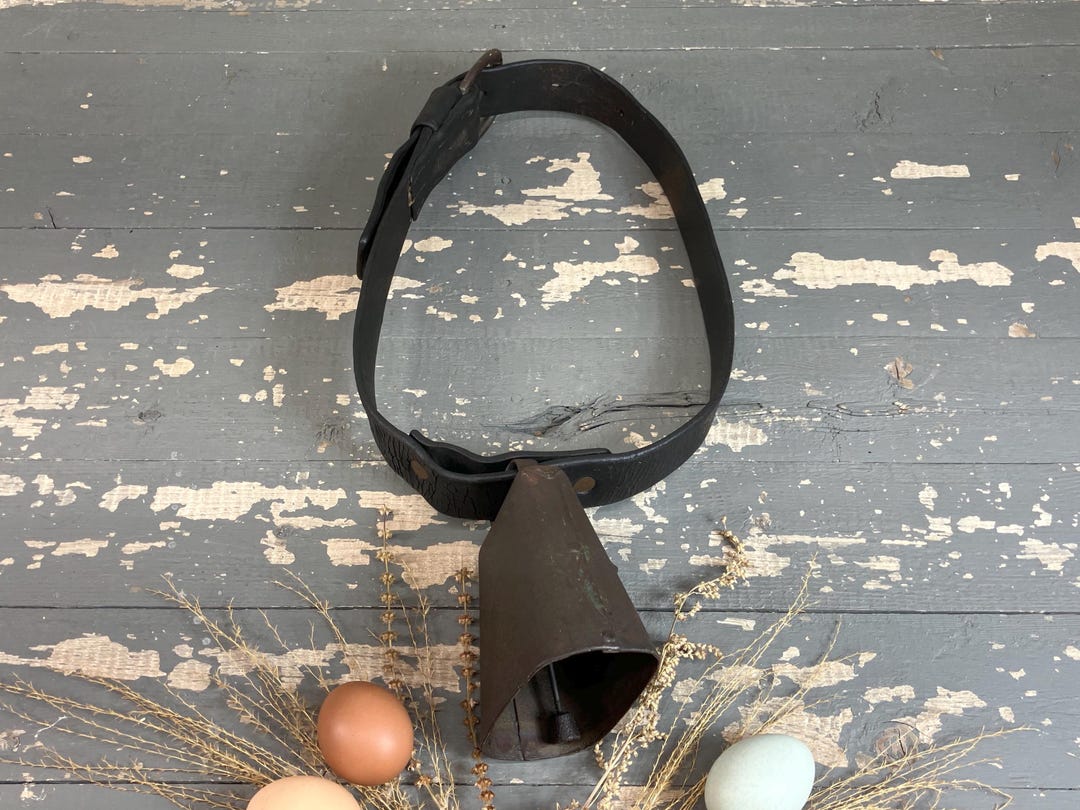 Antique Large Cow Bell With Leather Collar Strap Vintage Mixed Metal ...
