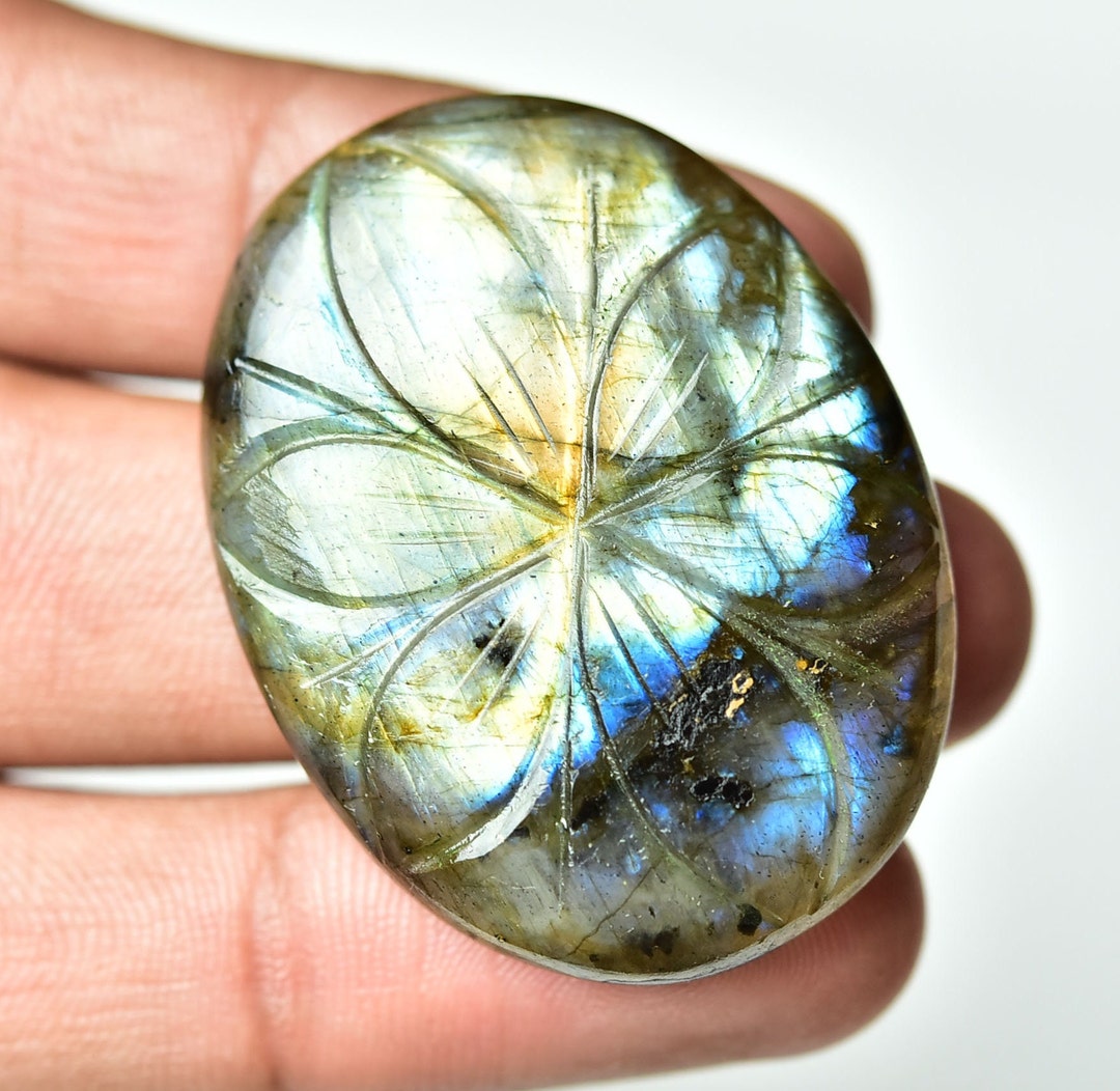 Natural Labradorite Carved Cabochon 31x41mm Oval Shape Blue Flashy ...