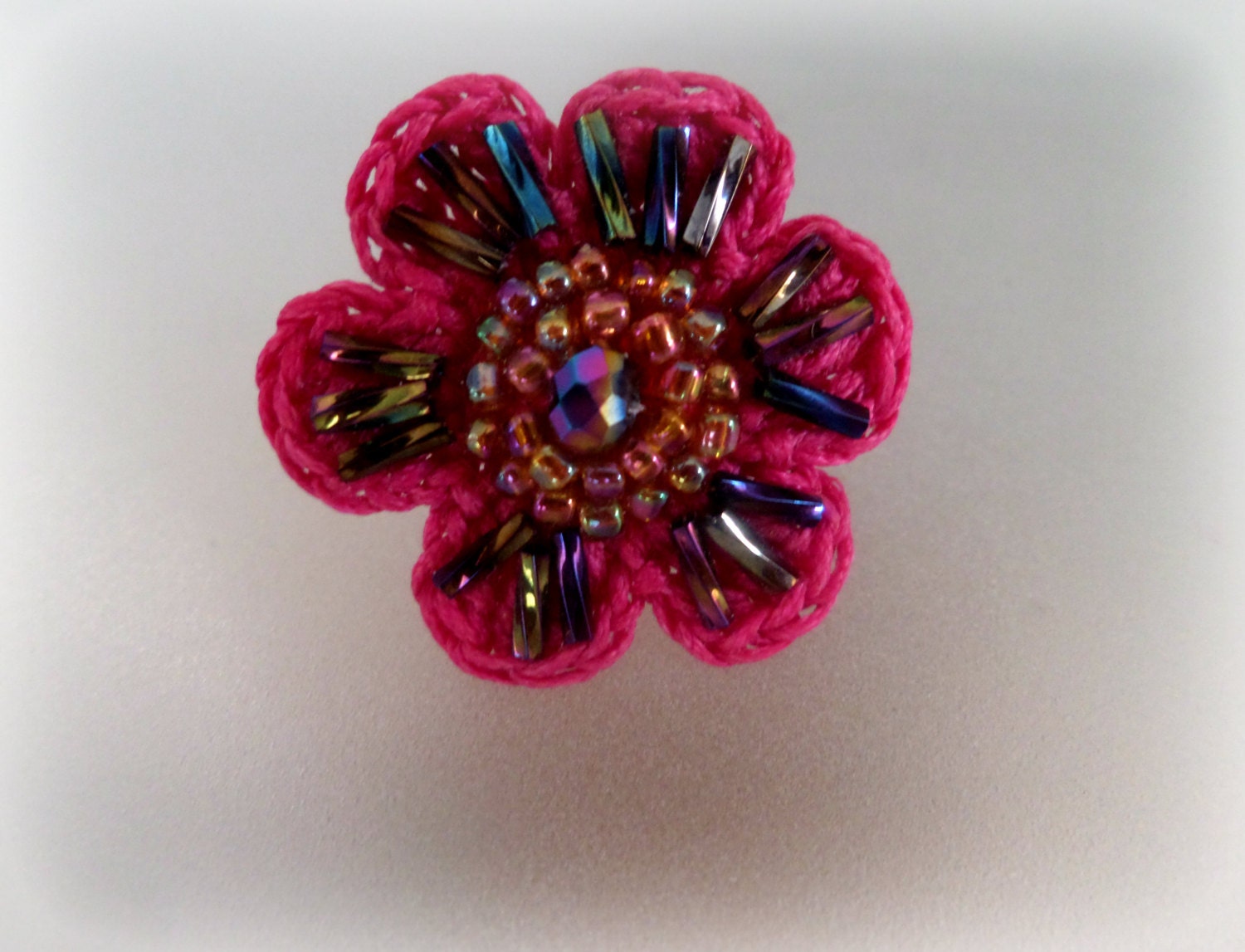 Crocheted Flower Ring / Fuchia Waxed Cord & Colourfull Seed Beads ...