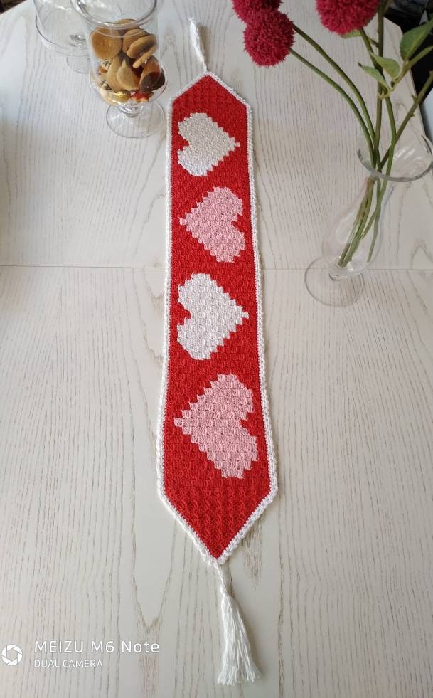 Valentines Day Table Crochet Runner With Hearts, Valentines Decor ...