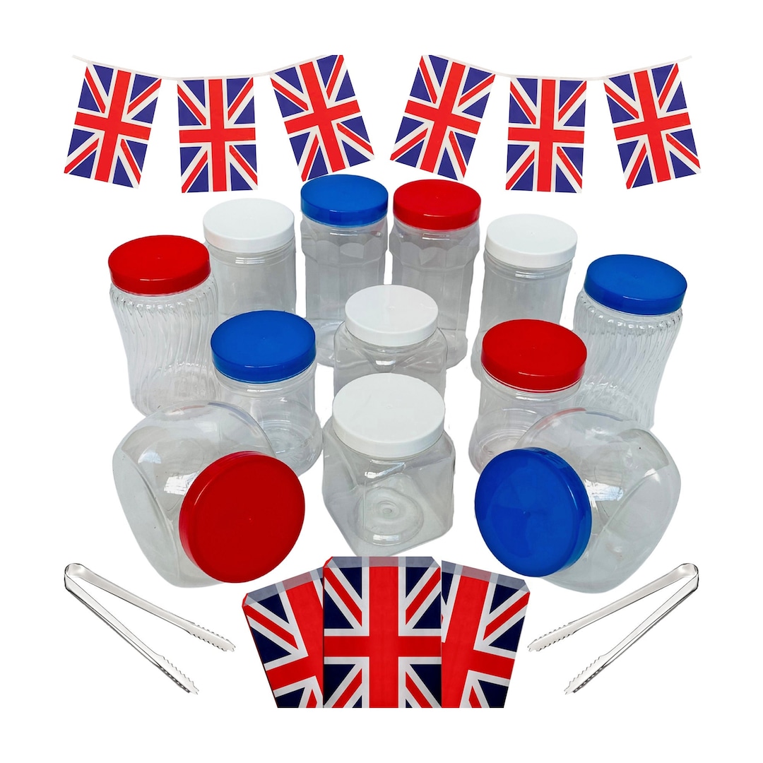 Union Jack Jars Plastic Sweet Jars Bunting Tongs Bags Celebration Queen ...