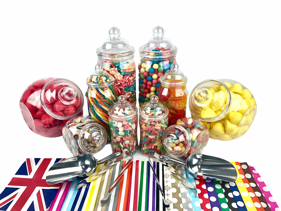 Plastic Sweet Jar Party Pack 10 Jars, 2 Tongs, 2 Scoops, 100 Bags Add ...