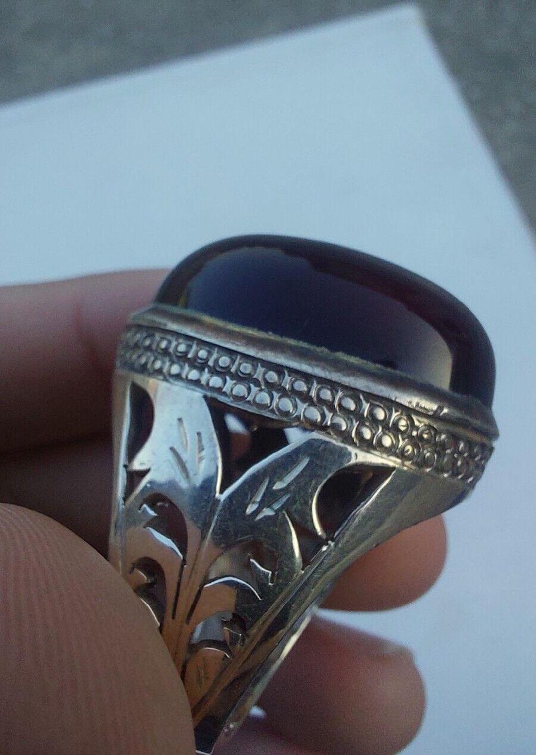 BIG Yemeni Dark Black AQEEQ Agate Handmade Silver Men Sufi Ring Size 10 ...