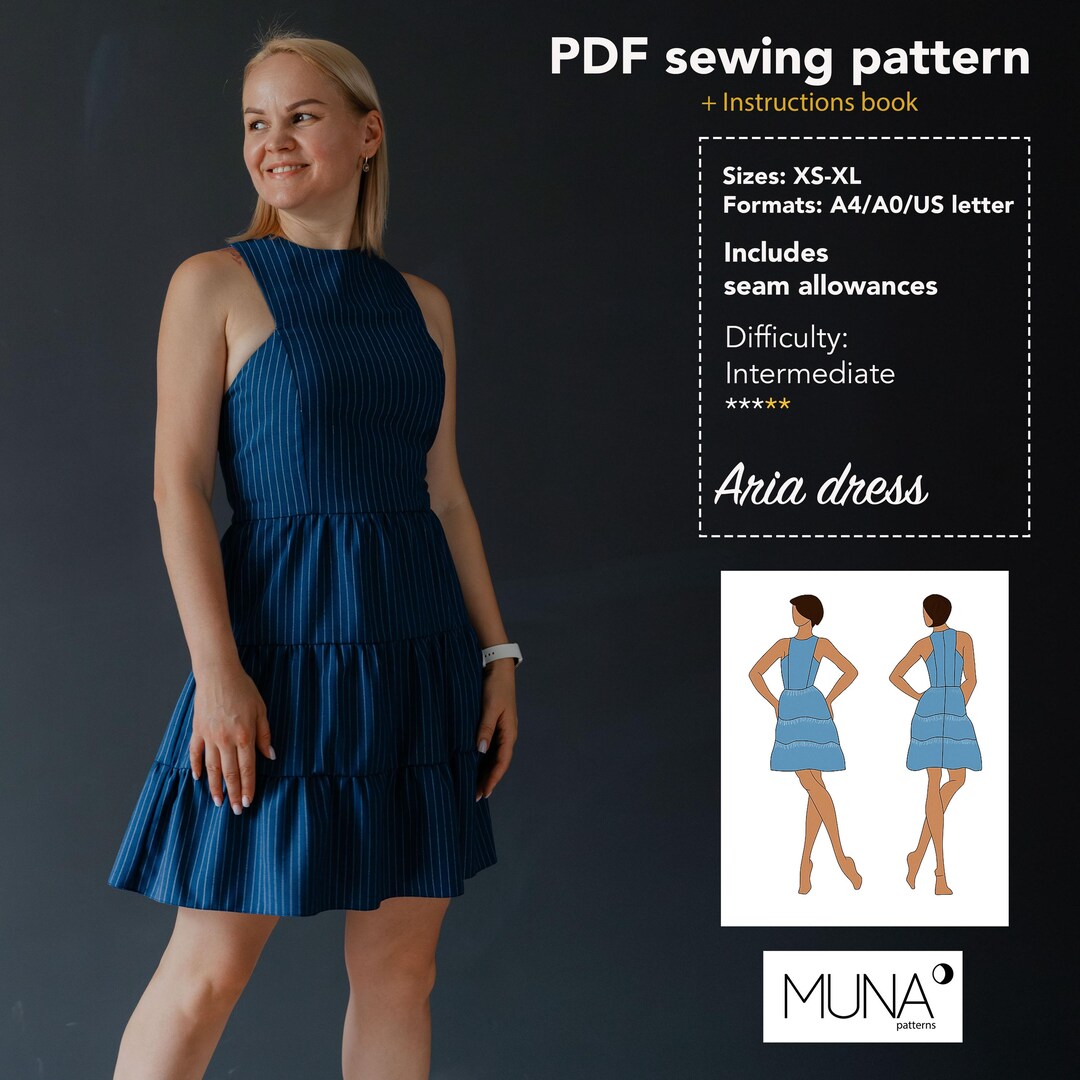 Aria Dress Pattern (XS-XL, A0/A4/US Letter) | Fully Lined Sleeveless ...