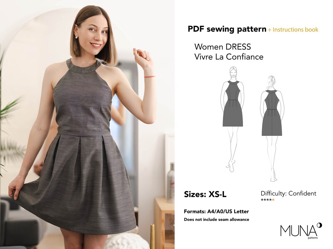 Women Dress Pdf Sewing Pattern, Sizes XS - L, Formats US Letter - A0 ...