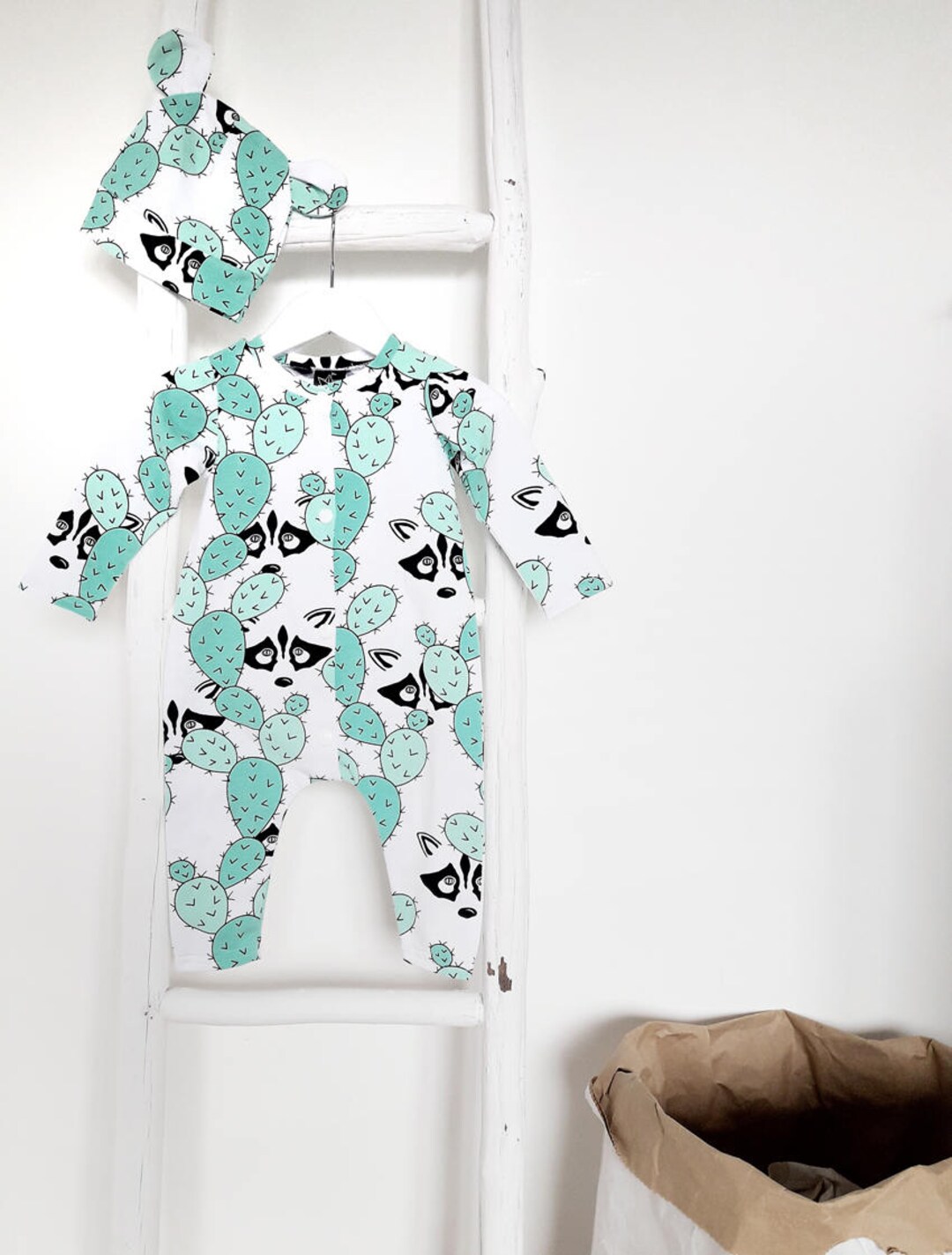 Baby One Piece Mint Green Cactus and Raccoon Newborn Sleeper - Etsy ...
