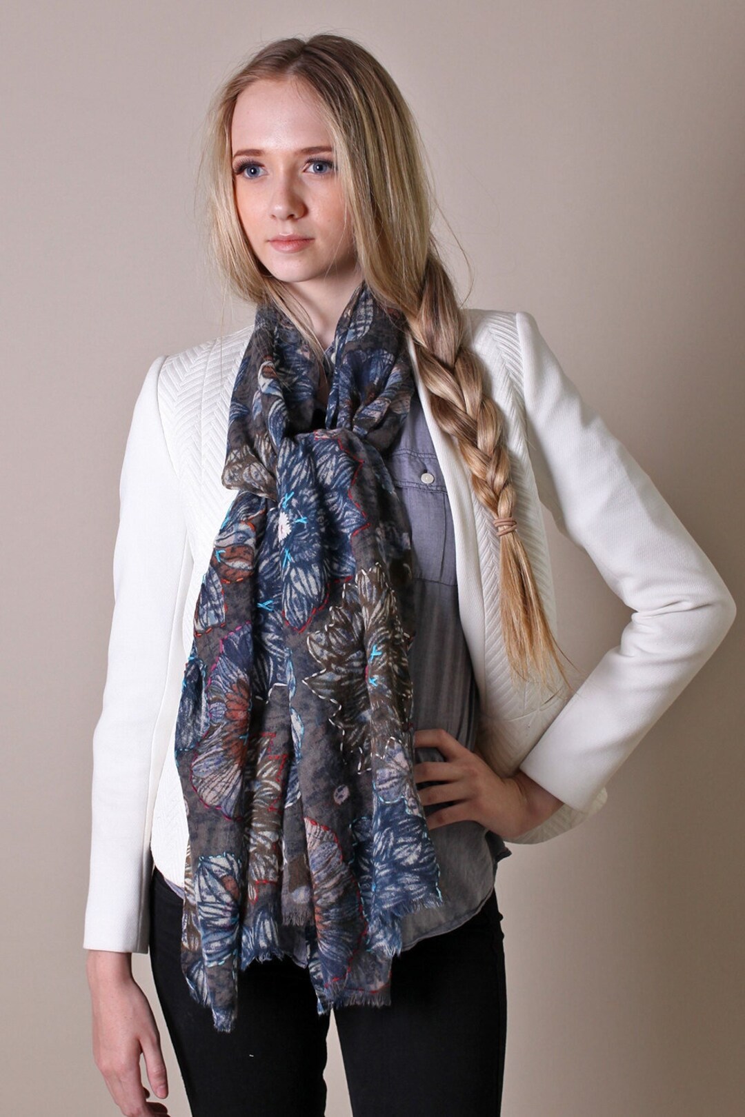 Women's Van Gogh Floral Soft Wool Scarf. Embroidered Holiday Shawl ...