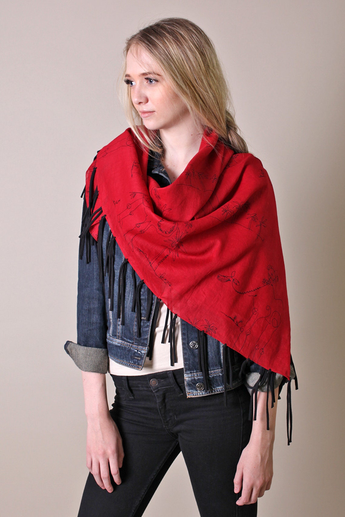 Monkey Loves Camel Fringe Red Scarf With Black Tassels. | Etsy