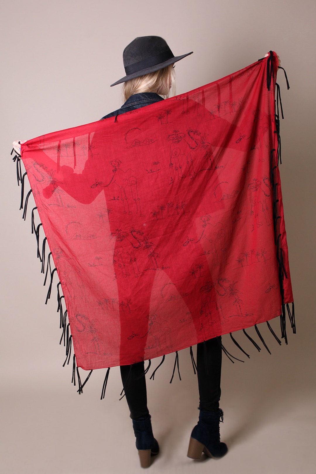 Monkey Loves Camel Fringe Red Scarf With Black Tassels. Evening Shawl ...