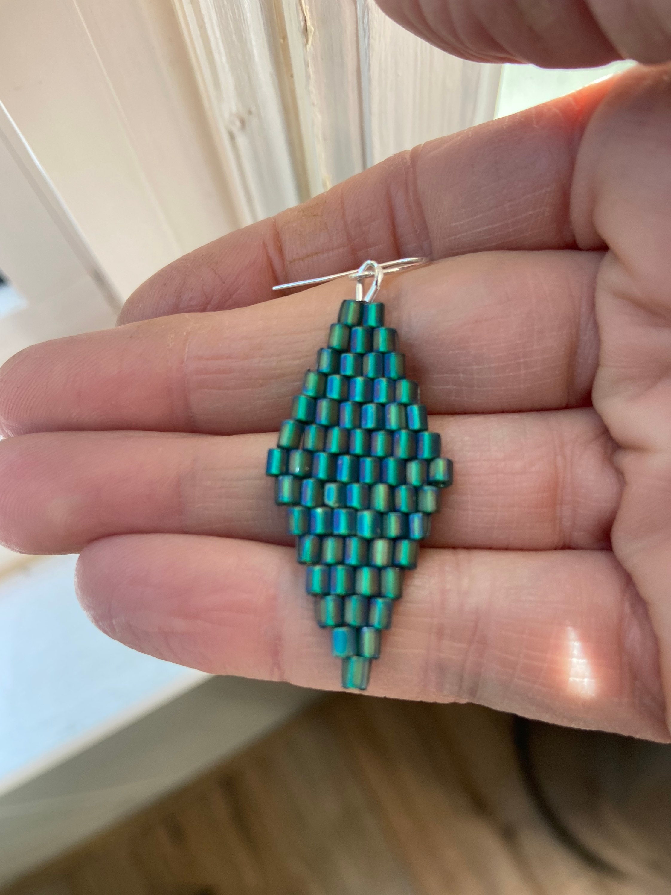 Emerald Green Beaded Diamond Shape Earrings - Etsy