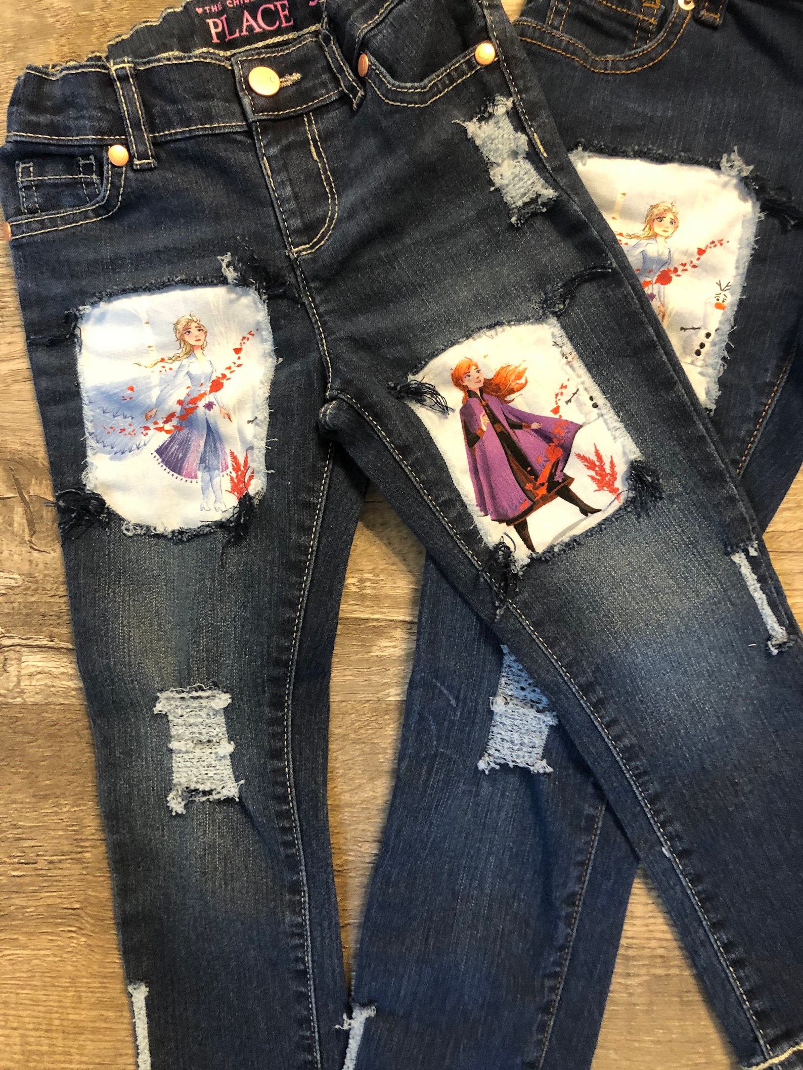 Frozen II Girls Skinny Jeans Denim Distressed Patchwork Made | Etsy