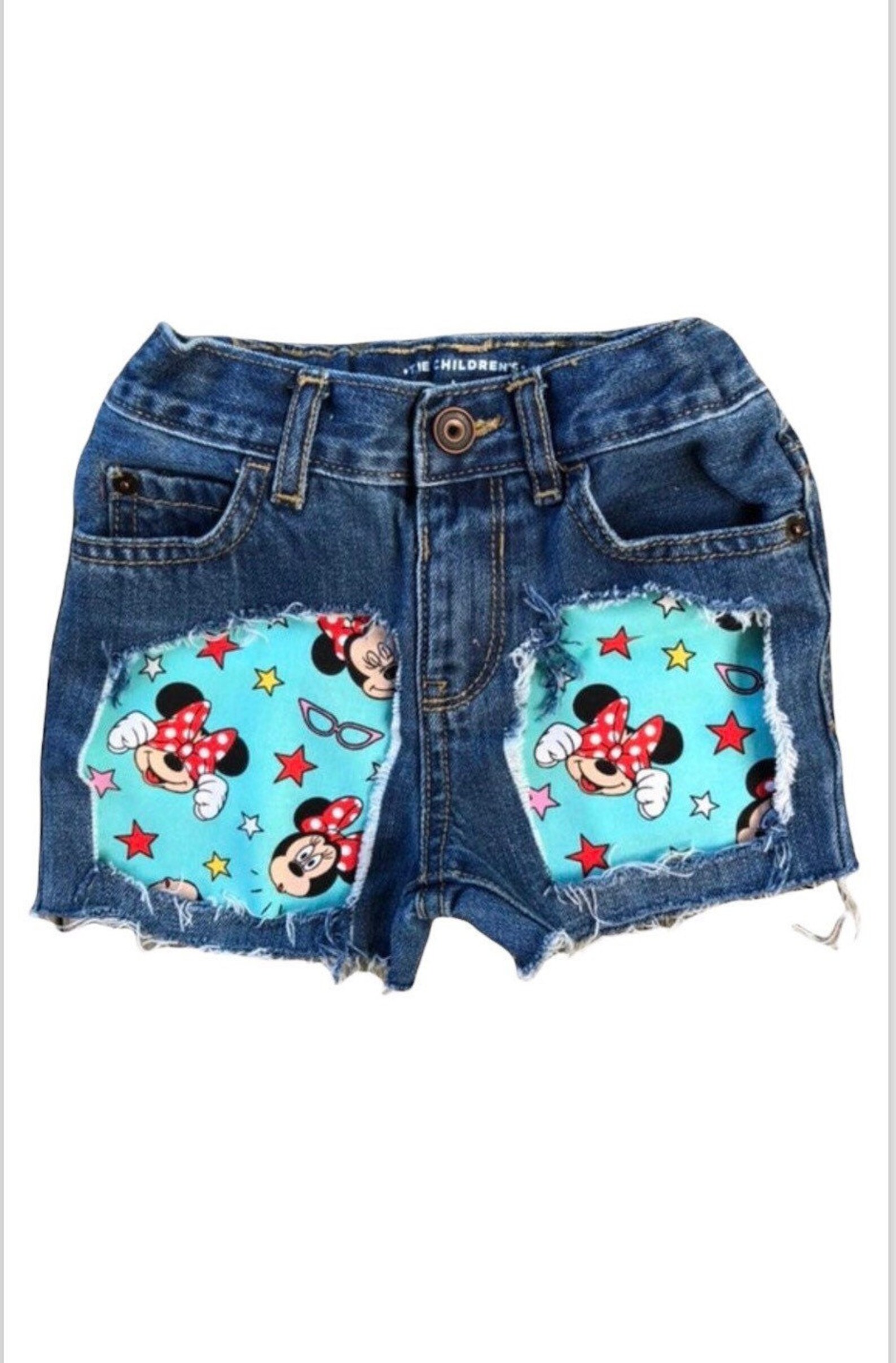 Minnie Mouse Shorts Girls Birthday Patchwork Distressed Ripped Red Teal ...