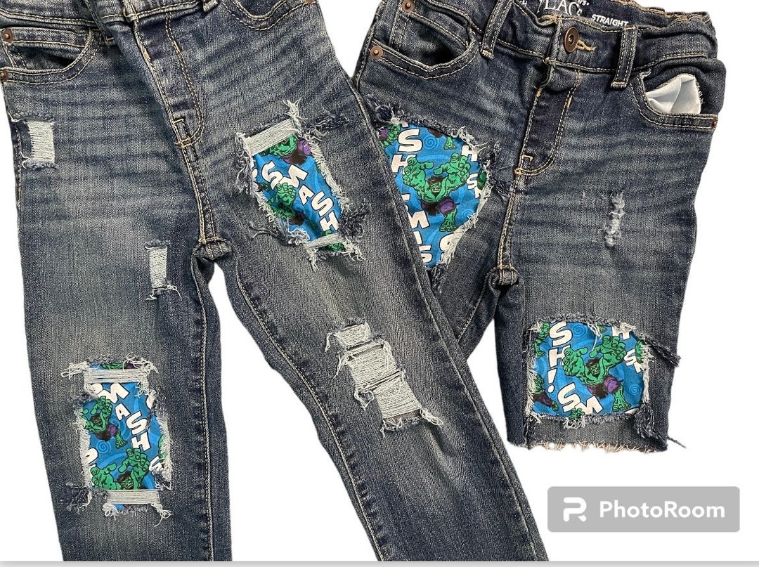 Hulk Superhero Jeans and Shorts Distressed Ripped Skinny Straight Fit ...