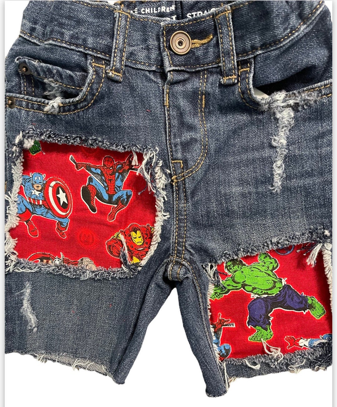 Superhero Marvel Avengers Birthday Shorts Distressed Jeans Denim Cut ...