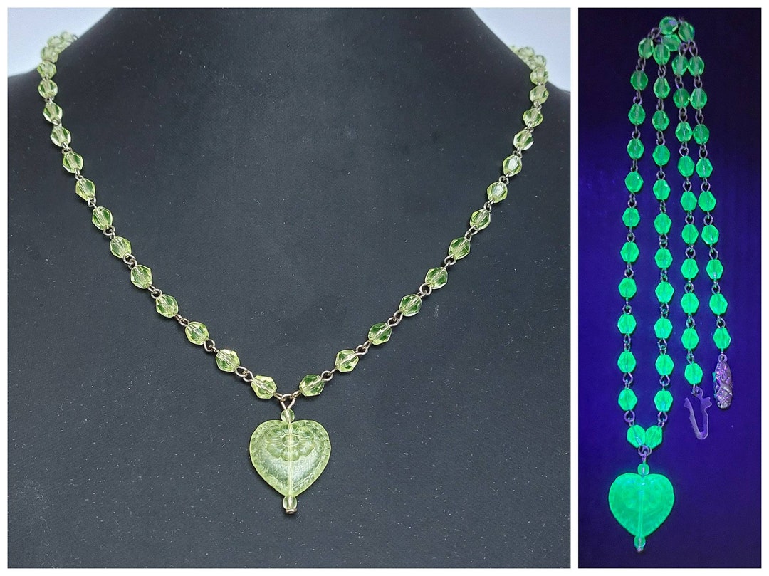 Czech Uranium Heart Rose Flower Glass Pendant and Uranium Glass Beads ...