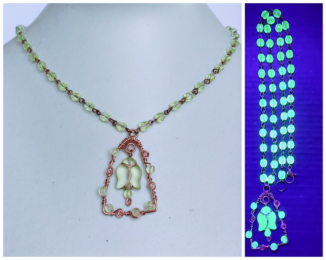 Czech Uranium Flower Glass Wire Wrapped Pendant and Uranium Glass Beads ...