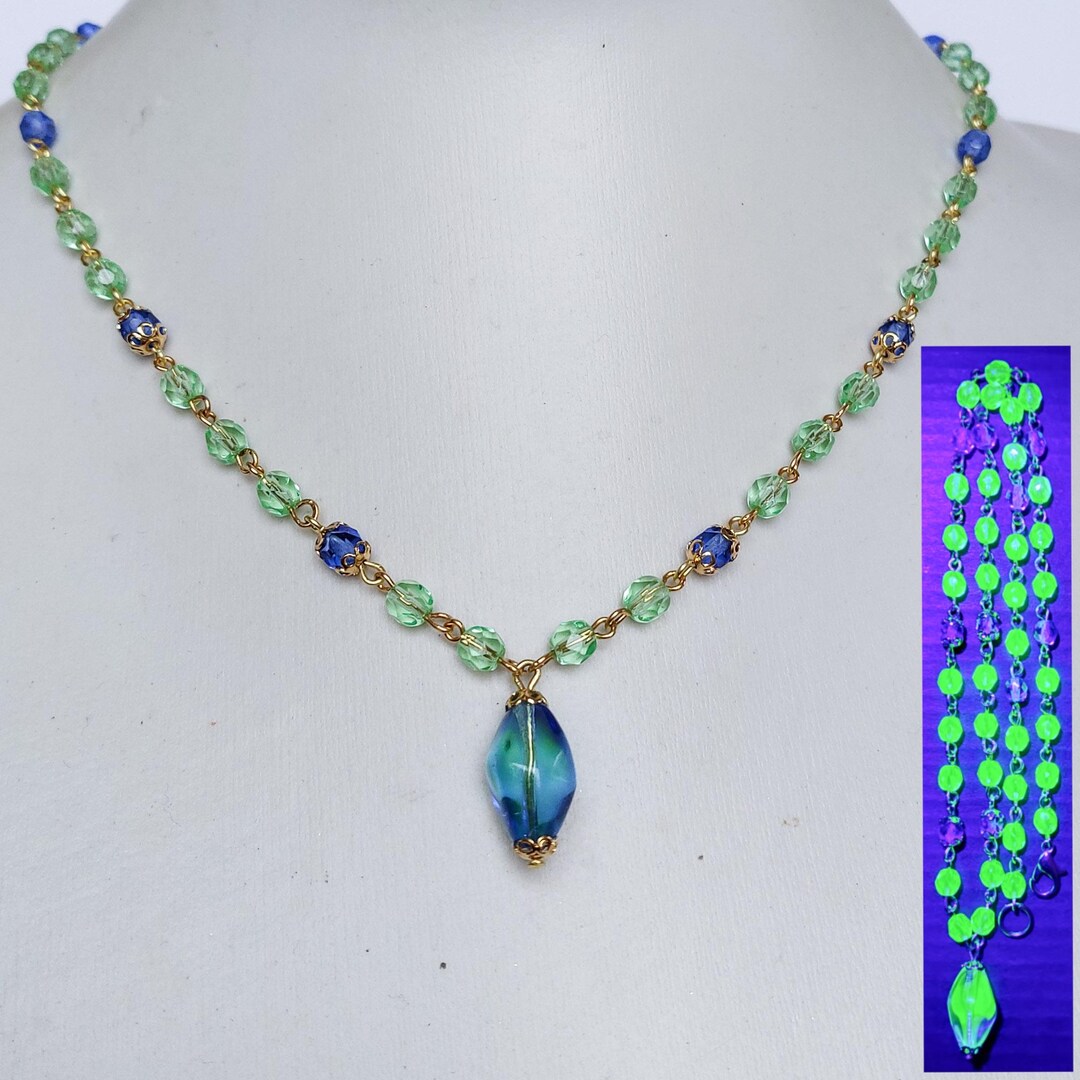 Czech Uranium Blue Glass Pendant and Uranium Glass Beads Necklace - Etsy