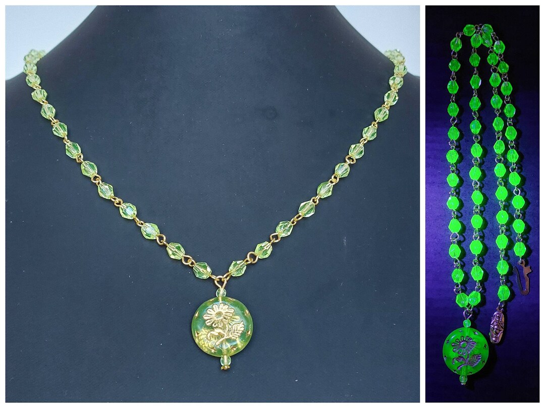 Czech Uranium Flower Glass Pendant and Uranium Glass Beads Necklace - Etsy