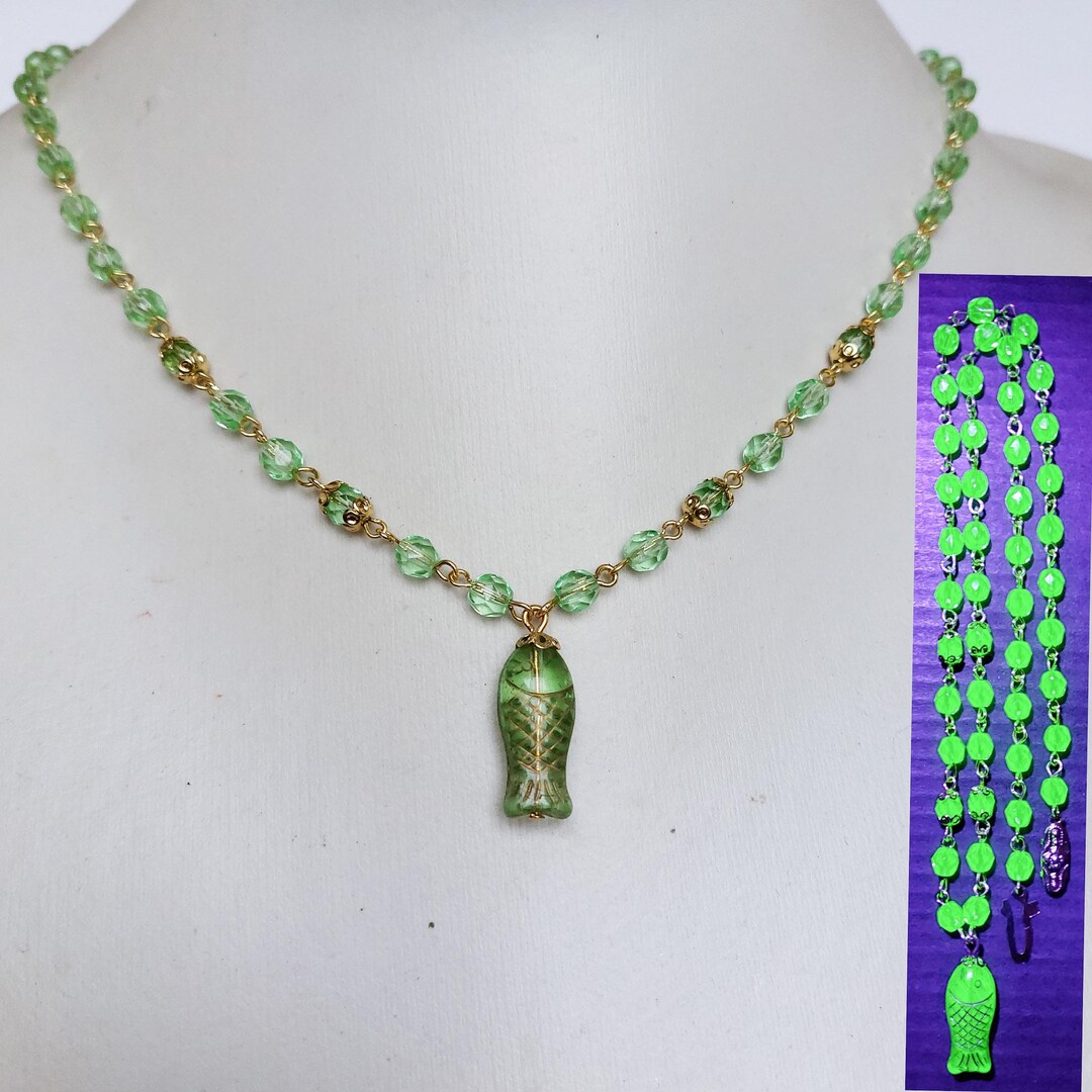 Czech Uranium Fish Glass Pendant and Uranium Glass Beads Necklace - Etsy