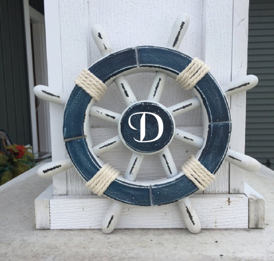 Monogrammed Dark Blue and White Nautical Ship Wheel, Personalized Ship ...