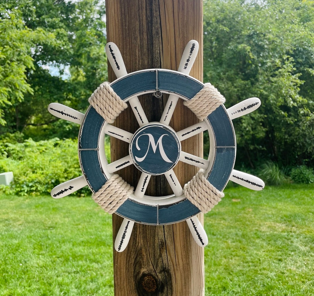 Monogrammed Dark Blue and White Nautical Ship Wheel, Personalized Ship ...