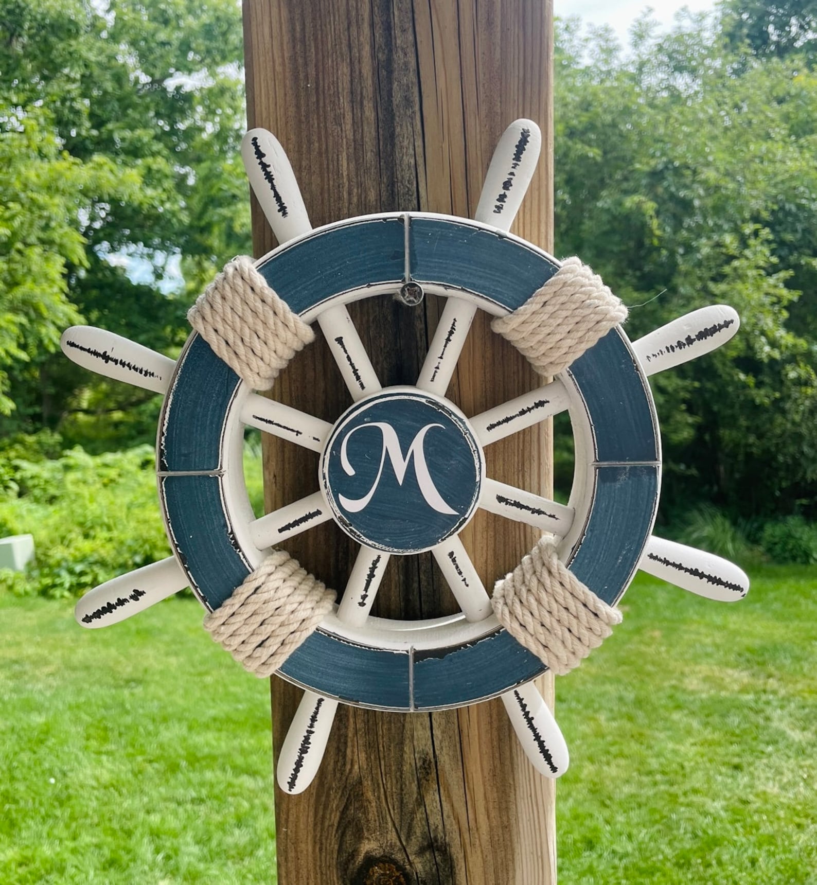 Monogrammed Dark Blue and White Nautical Ship Wheel, Personalized Ship ...