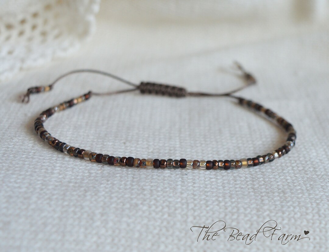 Handmade String Bracelet or Anklet - Dainty Yoga Style Brown Seed Bead ...