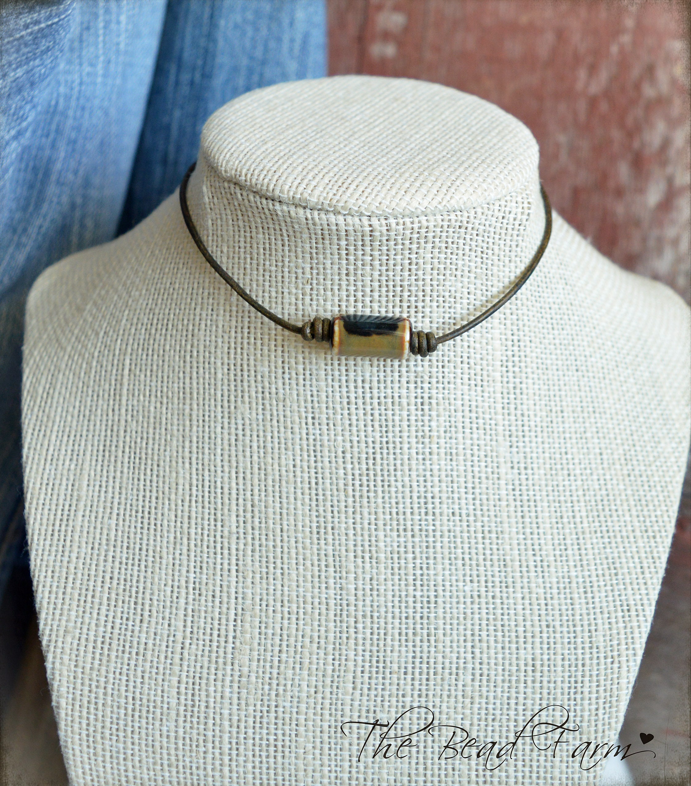 Unisex Boho Style Leather Choker Necklace with Ceramic focal | Etsy