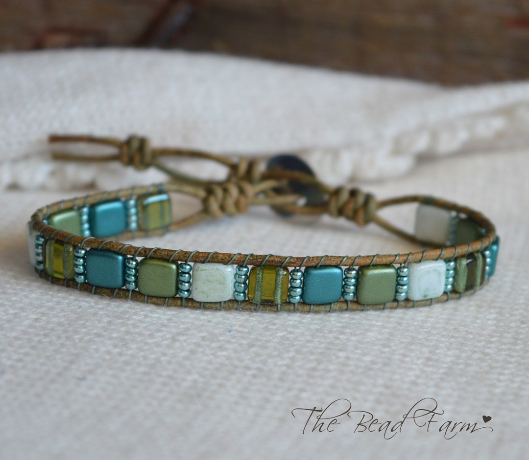 Tile Bead Bracelet- a Boho Style Leather Bracelet in Green and Teal - Etsy