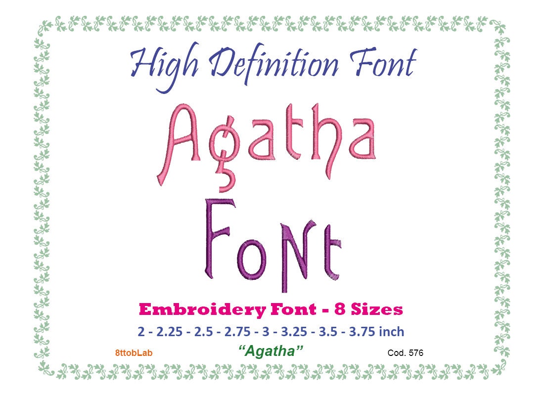 Agatha embroidery font 8 size | Etsy