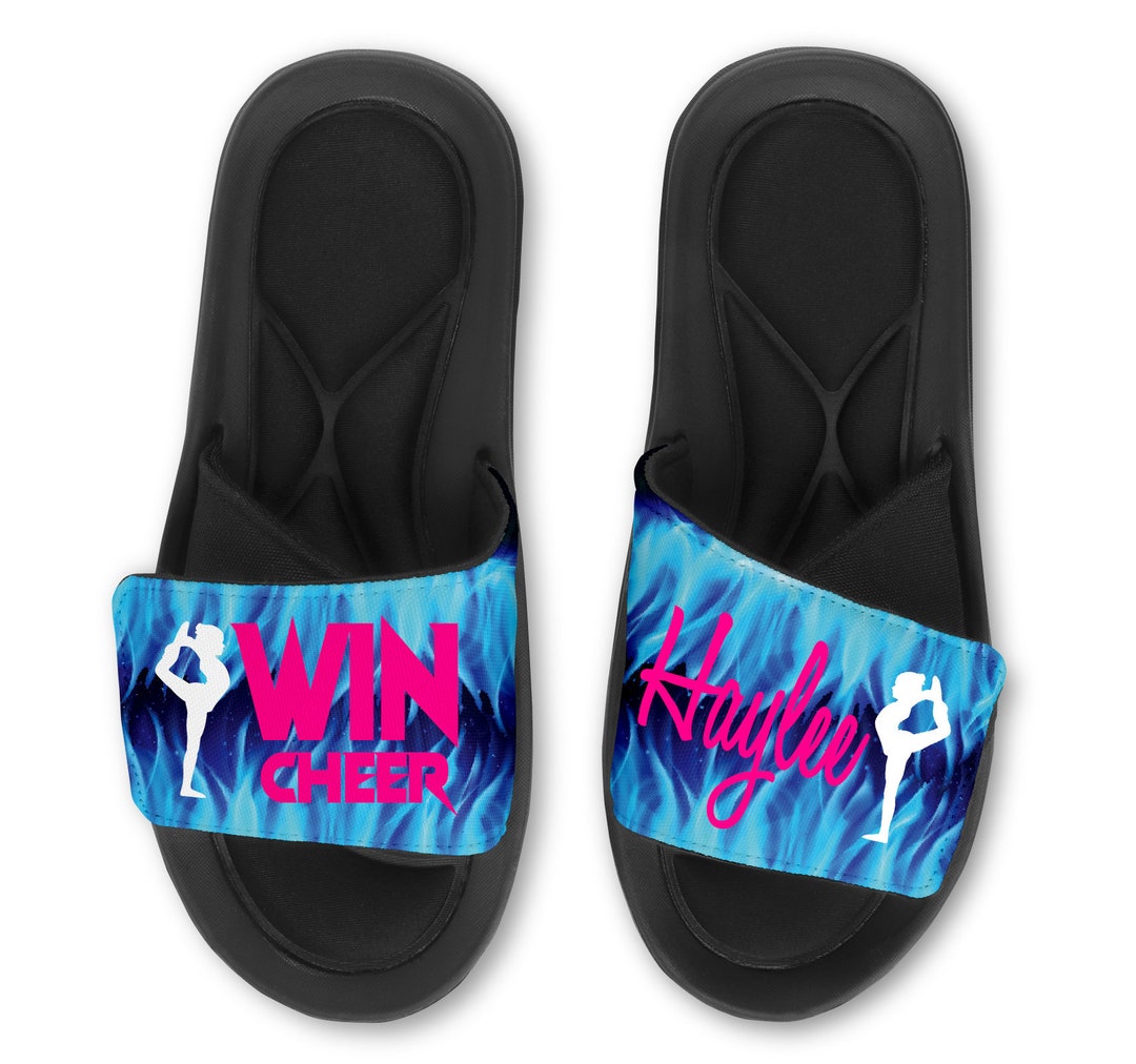 Personalized Custom Cheer Slides Flip Flops Sandals - Blue Flames Fire ...