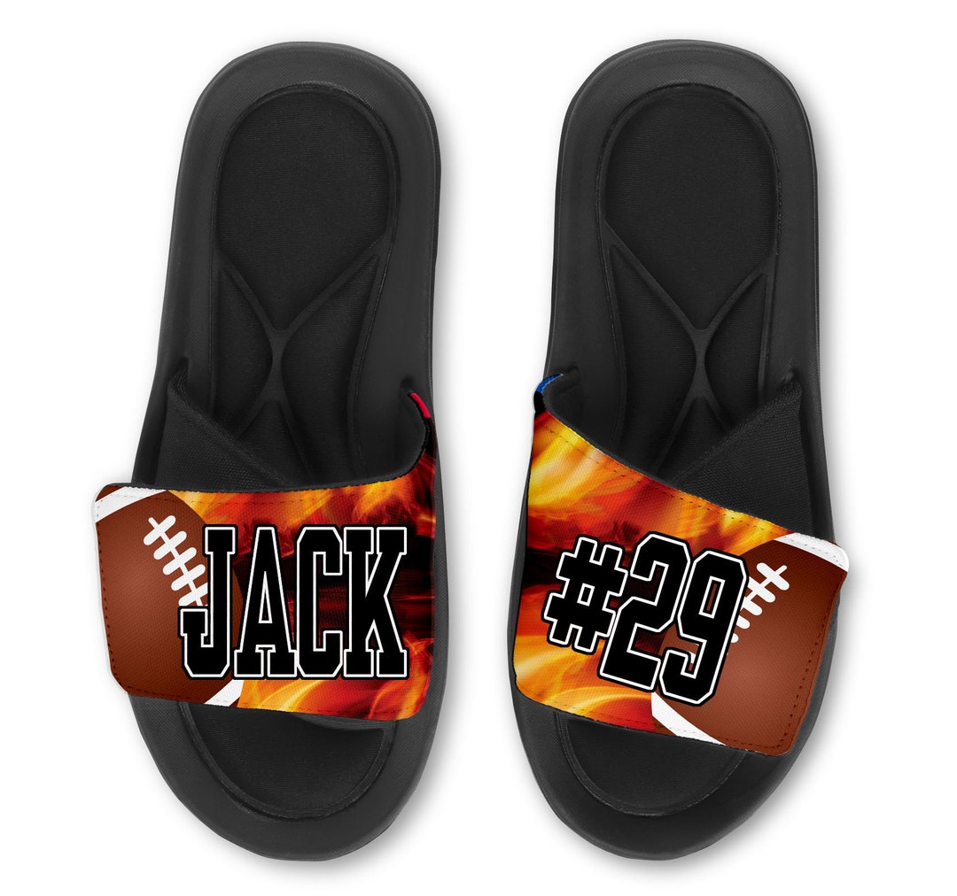 Custom FOOTBALL Slides Flip Flops Sandals, Personalized Flames Design ...