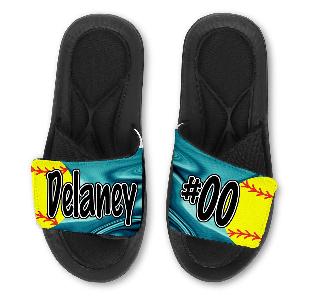 Custom Softball Slides Flip Flops Sandals With Waves Background ...