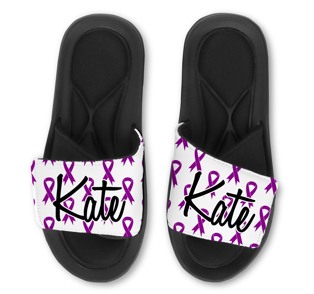 Custom Purple Ribbon Slides Sandals Flip Flops - Personalized Purple ...