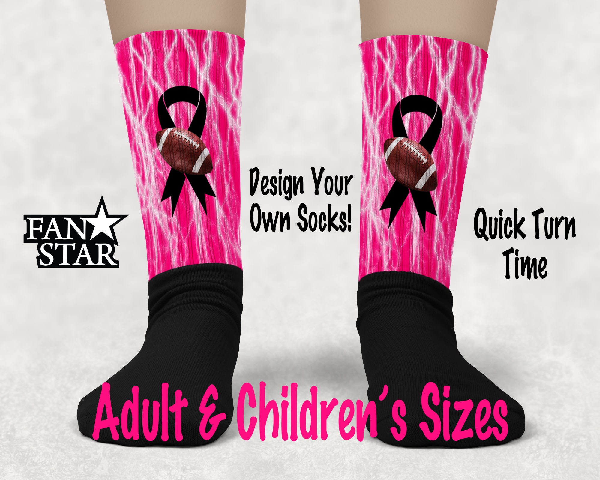 Personalized Pink Ribbon Lightning Crew Socks Custom Football - Etsy