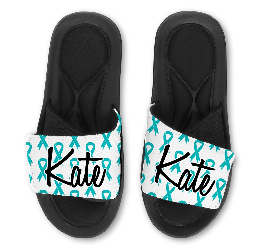 Custom Teal Ribbon Slides Sandals Flip Flops - Personalized Teal Ribbon ...