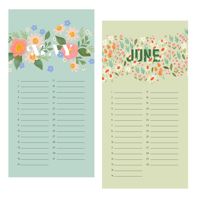 Perpetual Wall Calendar - Floral Calendar - Occasion Calendar - Hanging ...