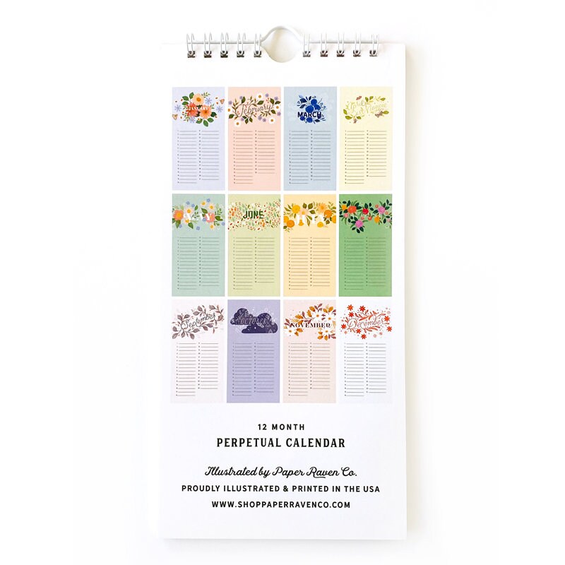 Perpetual Wall Calendar - Floral Calendar - Occasion Calendar - Hanging ...