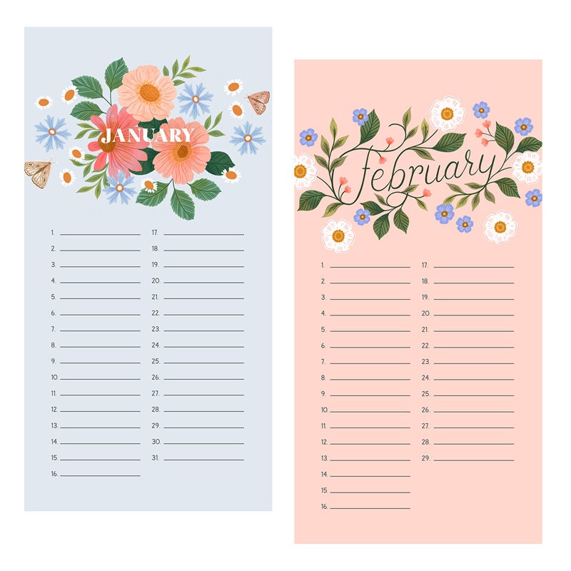 Perpetual Wall Calendar - Floral Calendar - Occasion Calendar - Hanging ...