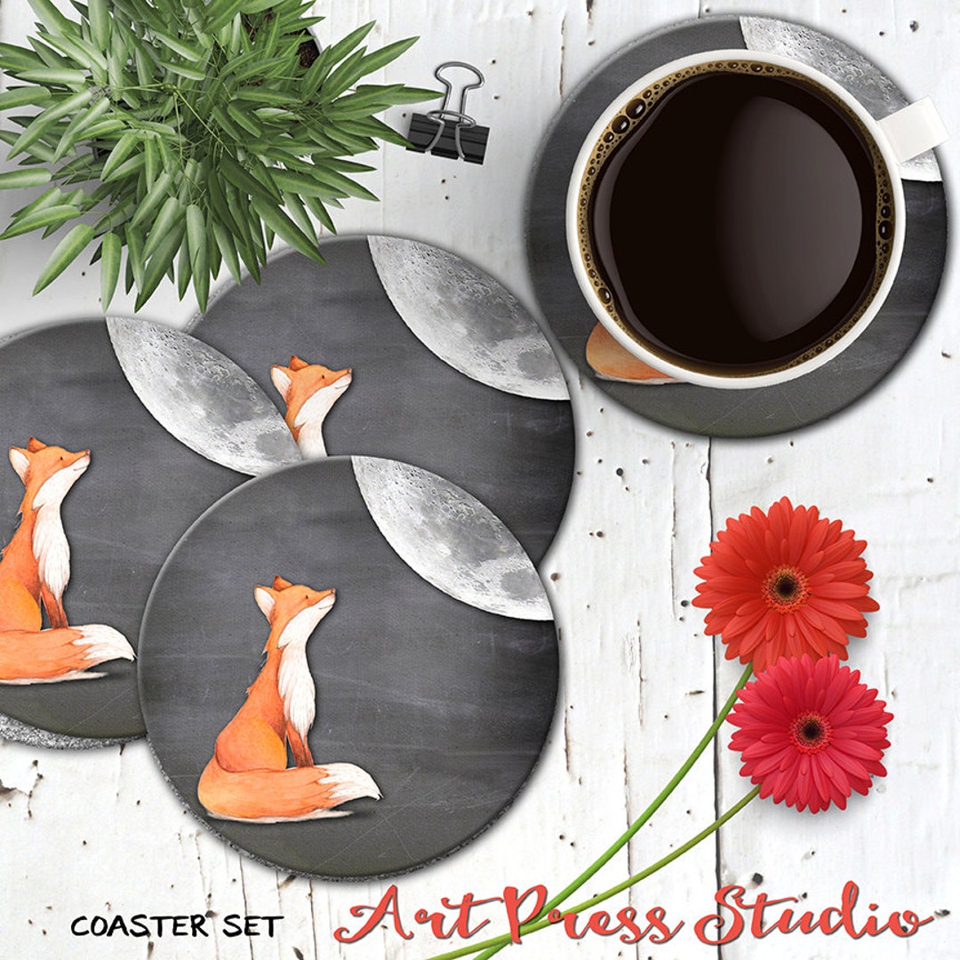 Fox Coasters, Set of 4 Fox and Moon Coasters, Cute Fox Coasters ...